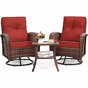 Kromax 3 Pieces Patio Furniture Set, Outdoor Swivel Glider Rocker, Wicker Patio Bistro Set with Rattan Rocking Chair, Glass Top Table with Thick Cushions for Porch Deck, Brown Rattan and Red Cushion