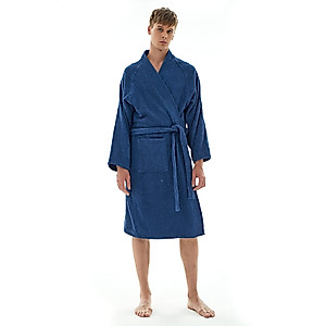 Ghui Terry Bathrobe Men,100% Cotton Terry Cloth Robes with Kimono Collar ,Thick Plush Towel Robe, Navy, XX-Large-3X-Large