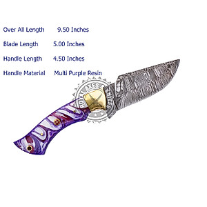 NA-1 Royal Knife Custom Hand Made Damascus Steel Bowie Knife With Multi Purple Resin Handle Material Hand Made Fixed Blade Survival Knife With Leather Sheath (R K 002)
