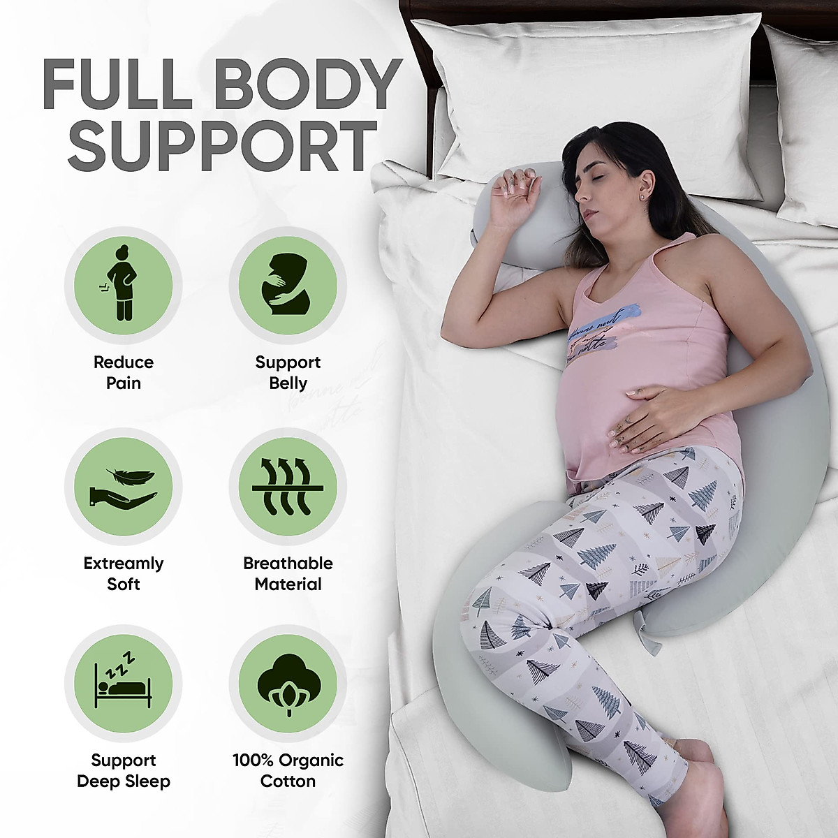 LILLY LA VIE Memory Foam Pregnancy Pillows for Sleeping, Side Sleeper Body Pillow - GOTS Certified 100% Organic Cotton Cover, Wedge Pillow - Support Back, Hips, Legs, Belly - Pregnancy Must Haves (Aqua Haze)