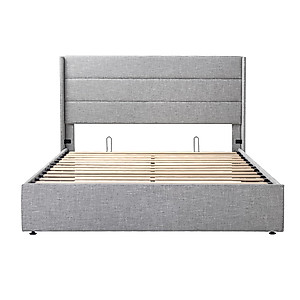 SHA CERLIN Queen Size Lift Up Storage Bed/Modern Wingback Headboard/Upholstered Platform Bed Frame/Hydraulic Storage/No Box Spring Needed/Wood Slats Support/Light Grey