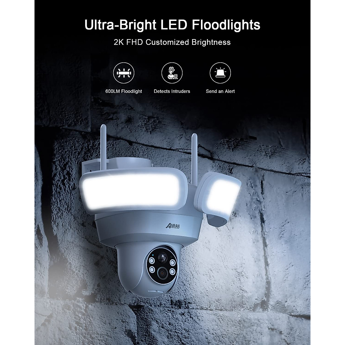 ANRAN Floodlight Security Camera Wireless Outdoor with 360° View Pan/Tilt, 2K Solar Powered WiFi Camera, IP65 Smart Lighting Cam, Color Night Vision, 120dB Siren, Two Way Audio, PIR Motion Detection