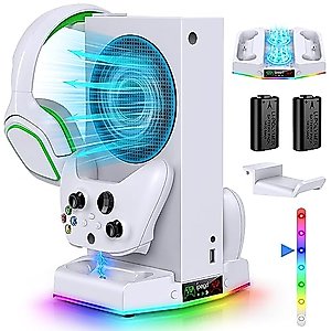 Cooling Stand & Charging Station for Xbox Series S with RGB Light Strip,Dual Charger of Controllers and Cooler Fan for XSS Console Accessories with 2*1400mAH Rechargeable Battery Pack,1*Headphone Hook