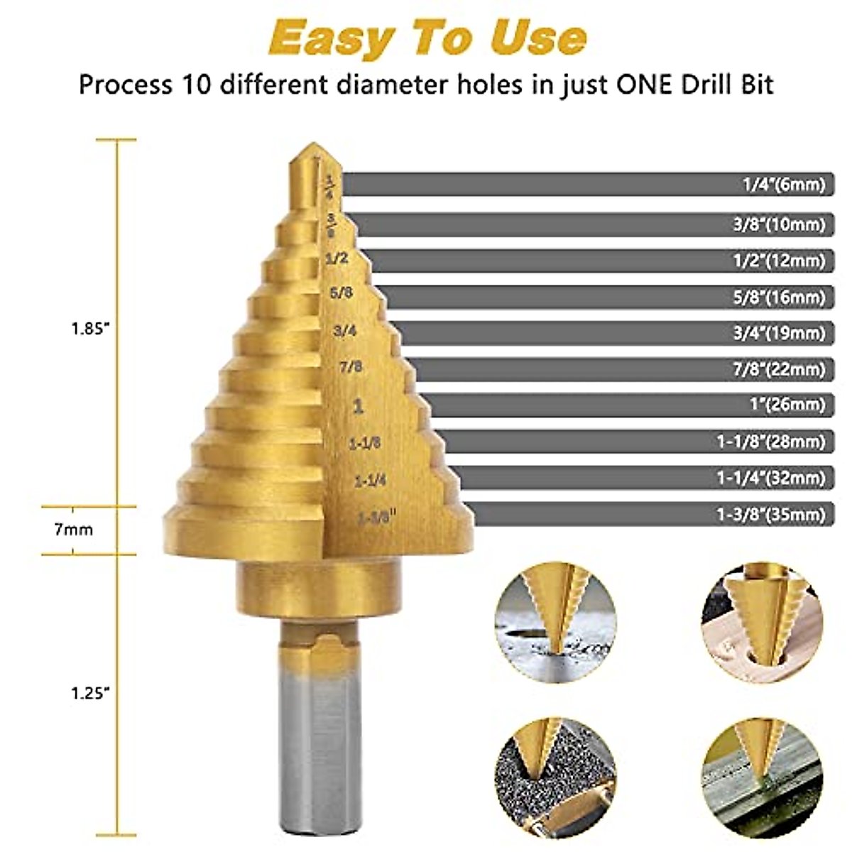 10 Sizes Titanium Step Drill Bit, 1/4 to 1-3/8 Inches High Speed Steel Step Drill Bits for Sheet Metal Hole Drilling Cutting, HSS Multi Size Unibit Drill Bits DIY Lovers, Multiple Hole Stepped up Bits