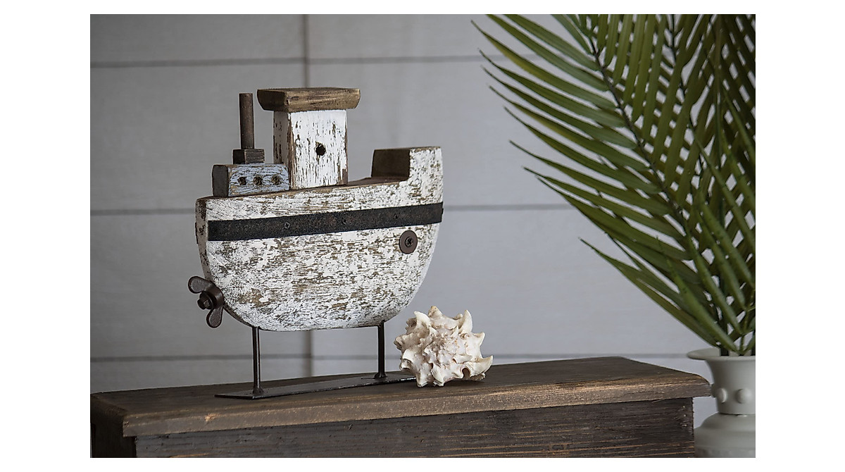 Rustic Tug Boat Wood Sculpture – Coastal Home Decor by Foreside