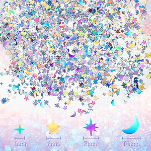 60 g/ 2.1 oz Holographic Star and Moon Table Confetti Iridescent Metallic Glitter Foil Confetti Sequin Star Moon Scatter for Halloween Birthday Wedding Festival Party DIY (10 mm, 6 mm, Silver)
