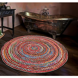 RIANGI - 4' Round Handwoven Jute Chindi Area Rug - Colorful Boho Rugs for Living Room - Hand Braided Multicolor Bohemian Rug for Farmhouse, Bedroom, Dining Room, Classroom, Hallway, Kitchen, Office