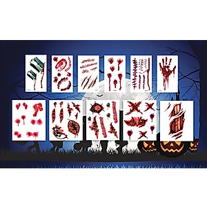Zombie Makeup Halloween Makeup Tattoos - 11 Sheets Fake Blood Fake Scar Tattoos Halloween Makeup Kit Zombie Makeup Kit for Kids and Adults, Scary Wound Stitches Vampire Makeup Fake Cuts Zombie Tattoos