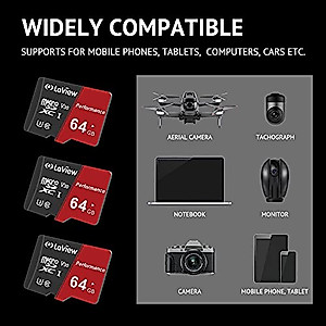 LaView 64GB Micro SD Card 3 Pack, Micro SDXC UHS-I Memory Card – 95MB/s,633X,U3,C10, Full HD Video V30, A1, FAT32, High Speed Flash TF Card P500 for Computer with Adapter/Phone/Tablet/PC