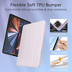 iPad Pro 11 Inch Case 2022/2021/2020(4th/3th/2rd Gen) with Pencil Holder Detachable Transparent Hard Shell Back Cover Smart Trifold Folio Auto Sleep/Wake (Light Purple/Pink)