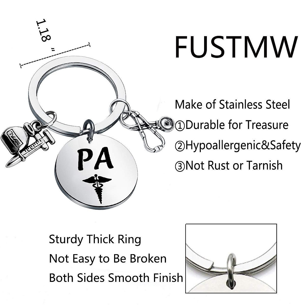 FUSTMW Physicians Assistant Gift PA Caduceus Keychain Stethoscope Charm Physician Assistant Key Ring Gifts for Doctor Nurse Medical School Graduation Gift (silver)