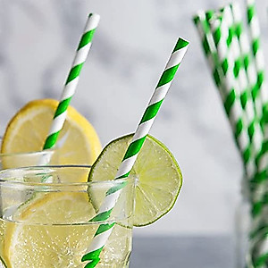 100 Pack Green And White Paper Drinking Straws, 7.75 Inches Green Striped Drinking Straw Cake Pop Stick