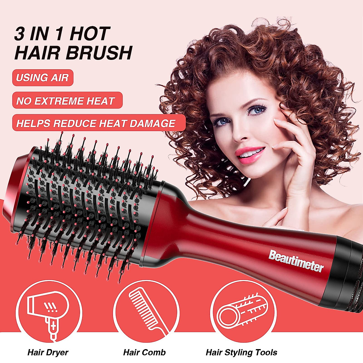 Beautimeter Hot Air Brush, 2-in-1 Volumizing Hair Dryer Brush, Negative Ion Blow Dryer Comb, Salon Hair Styler Brush for Hair Straightening and Curling, Red
