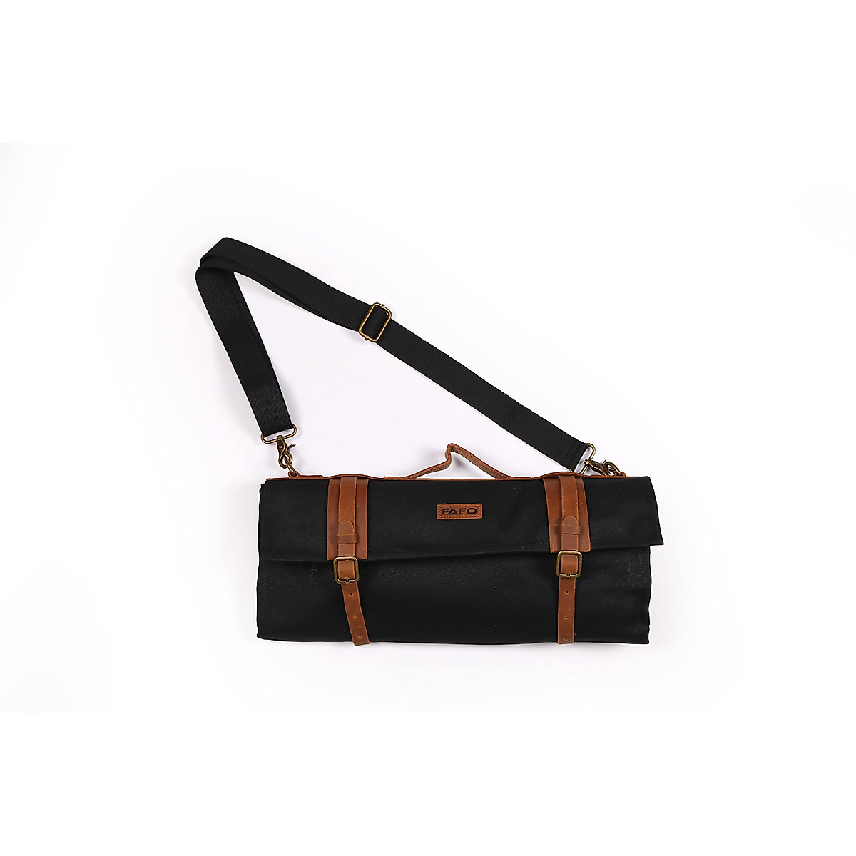 FAFOKitchen-Knife Roll - 12oz Heavy Duty Waxed Canvas & Top Grain Leather Roll Bag – 10 Slots - Interior and Rear Zippered Pockets – Carry Strap