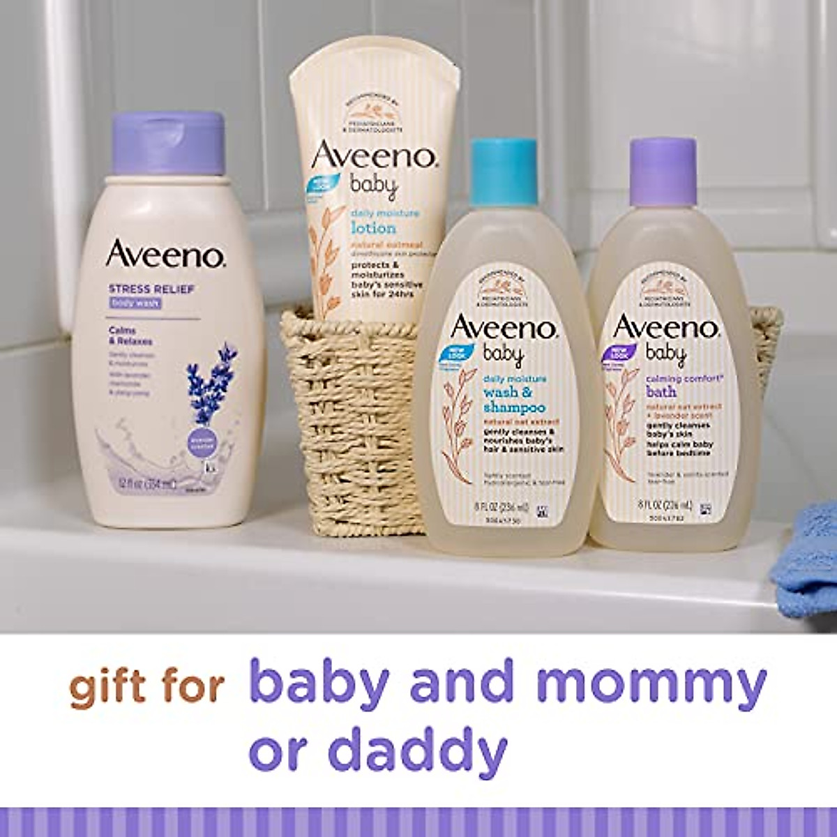 Aveeno Baby Mommy & Me Daily Bathtime Gift Set including Baby Wash & Shampoo, Calming Baby Bath & Wash, Baby Moisturizing Lotion & Stress Relief Body Wash for Mom, 4 items
