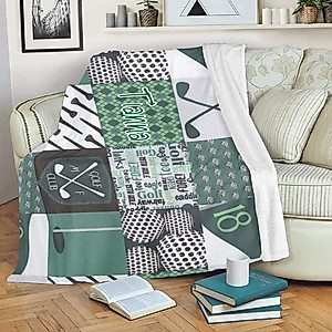 XOZOTY Personalized Golf 18 Blackish Green Patchwork Baby Blanket with Name Custom Baby Nursery Throw Fleece Blankets for Boys and Girls Birthday Tapestry 30 X 40inch