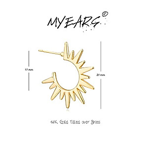 MYEARS Women Sun Earrings Gold Open Spike Hoop C Shape 14K Gold Filled Small Simple Handmade Hypoallergenic Everyday Illusion Jewelry
