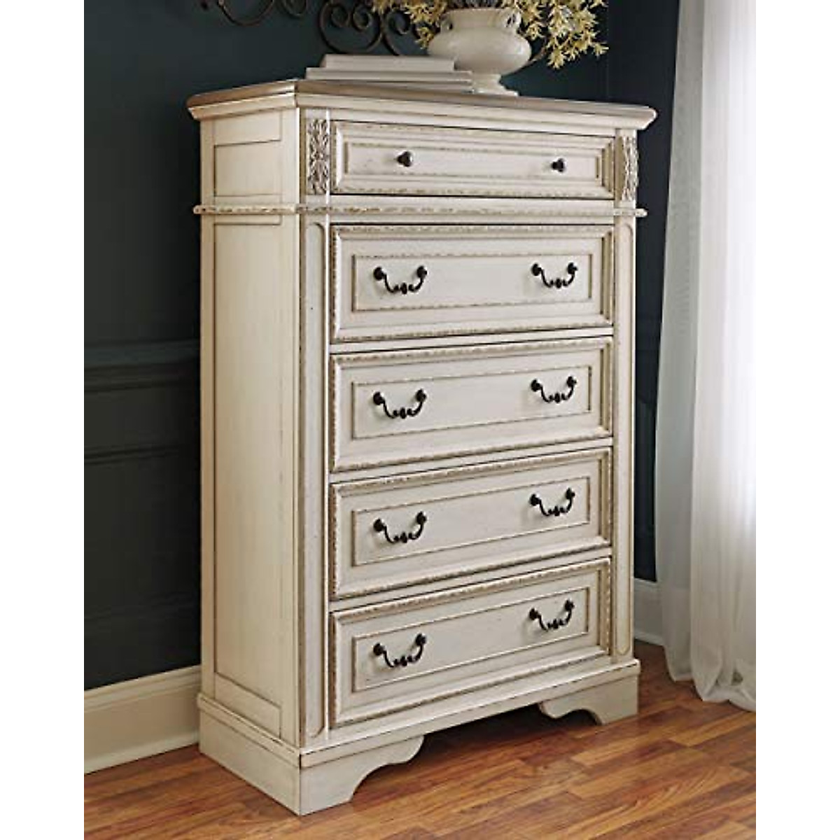 Signature Design by Ashley Realyn French Country Two Tone 5 Drawer Chest of Drawers, Chipped White