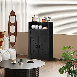 WEENFON Bathroom Cabinet, Floor Cabinet with 2 Doors & 2 Drawers, Bathroom Storage Cabinet with Adjustable Shelf, Freestanding Wooden Storage Organizer for Bedroom, Living Room, Hallway, Black