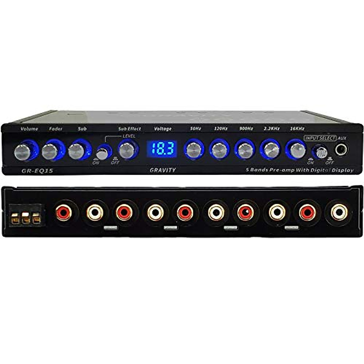 Gravity EQ15 1/2 Din Five Equalization Bands Car Audio Equalizer EQ Front, Rear +Master Volume Control with up to 9 Volts RMS of Output/Three Stereo RCA Output