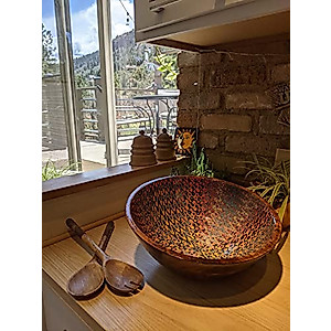Decorative Wooden Bowl with Server Spoons - Mango Wood Enamel Serving Bowls for Mixing Fruit Salad Pasta Popcorn Cereal Soup 12" Diameter - Large Centerpiece Dish