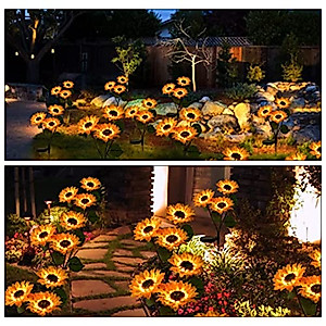 2 Pack Sunflower Solar Lights Outdoor Garden Decor with 3 LED Sunflower Yellow Flower Lights Decorative Waterproof Solar Outdoor Lights Auto ON/Off Solar Decorative Lights for Garden, Patio, Backyard