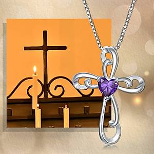 Cross Necklace for Women 925 Sterling Silver Birthstone Necklace Twisted Faith Cross Crucifix Pendant with Heart Shape Zirconia Fine Jewelry Birthday Gift for Her,18-20inches