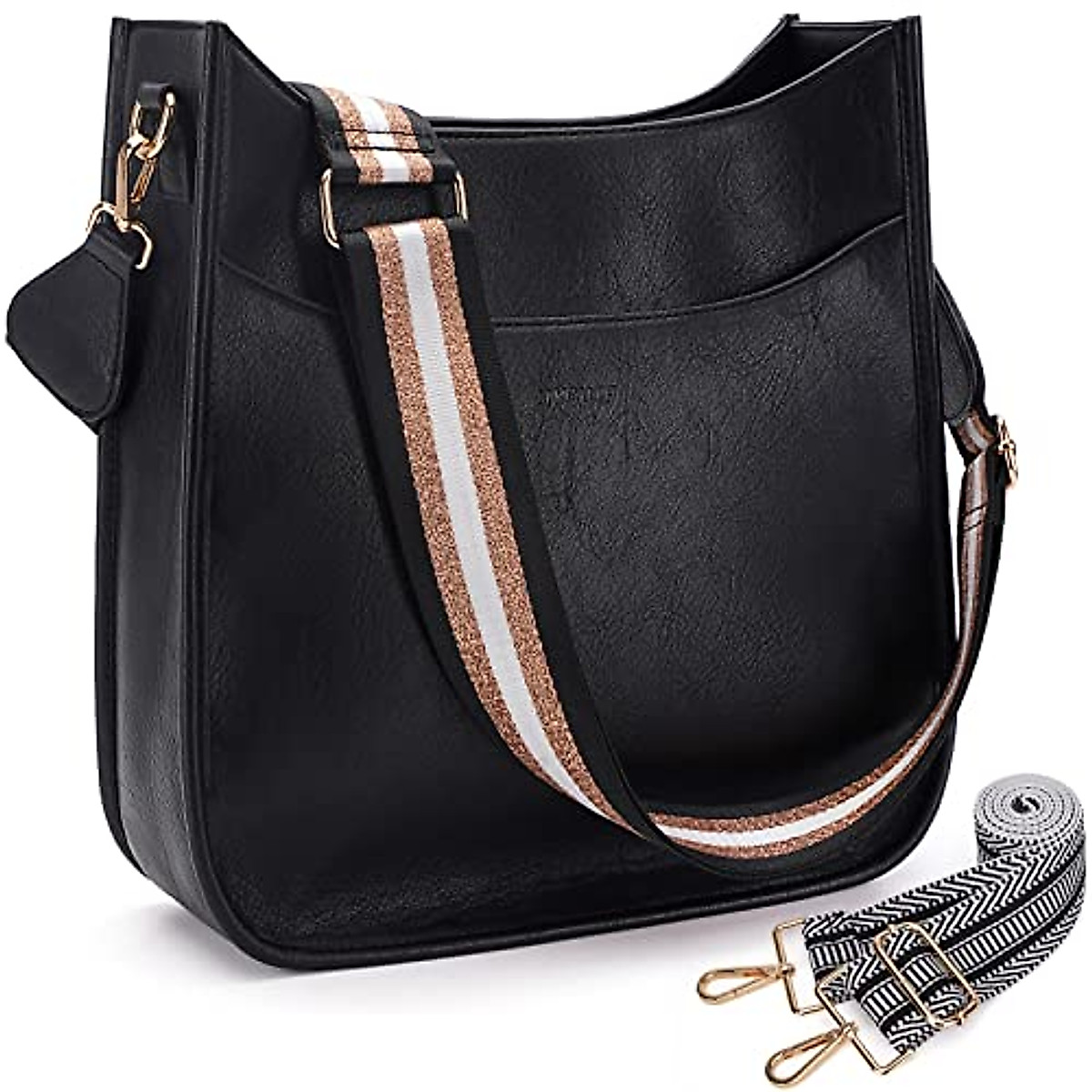 HKCLUF Crossbody Bag for Women Vegan Leather Designer Hobo Handbags Fashion Shoulder Bucket Cross-body Purse with 2PCS Adjustable Guitar Strap(Black)