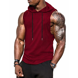 Babioboa Men's Hooded Training Tank Tops Quick Dry Running Cut Off T-Shirt Gym Drawstring Sleeveless Hoodie(Wine Red Medium)