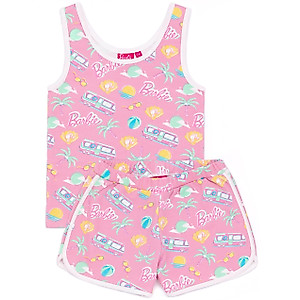 Barbie Girls 2 Piece Co-Ord | Kids Pink All Over Print Vest & Shorts Set | Palm Trees Sunglasses Summer Holiday Beach Daywear