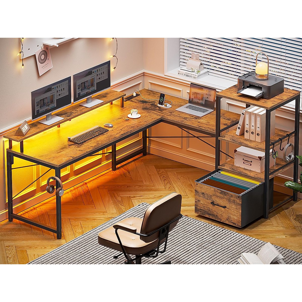 SEDETA Home Office Desk with File Drawer and Power Outlet, 51" Corner Computer Desk with Fabric Drawer and Storage Shelves, Corner Gaming Desk with LED Lights, Monitor Stand and Hooks, Rustic Brown