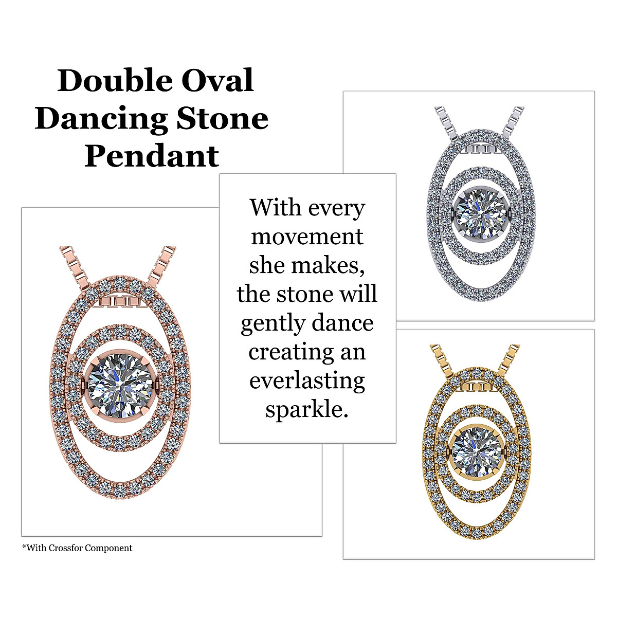 Central Diamond Center Double Oval Dancing Gemstone Necklace, 925 Sterling Silver & Pure Brilliance Zirconia - Platinum Plated