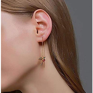 Cuteshop Gold Hummingbird Threader Earrings Hoop Earrings-Elegant Rhinestone Hummingbird Long Chain Dangle Drop Earrings for Women Girls (Red)