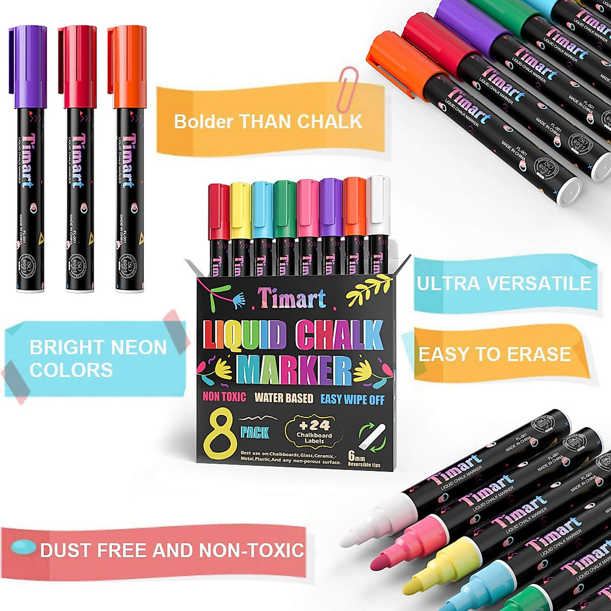 Timart Liquid Chalk Markers, 6mm Bold Tip Chalk Pens, Dry Erase Marker Pens for Chalkboards, Signs, Blackboards, Windows, Glass- Reversible Tip, First Day of School Board Chalk Pens (Classic)