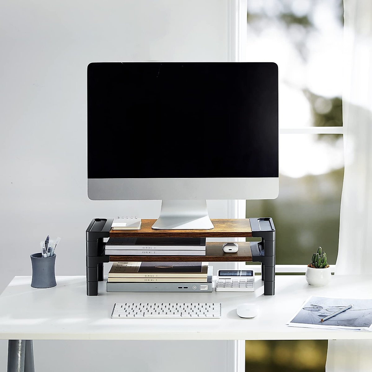 HUANUO Monitor Stand Computer Riser, Monitor Stand for Desk with Adjustable Height and 2 Platforms, Ergonomic Computer Riser, Monitor Riser for Laptops and Monitors
