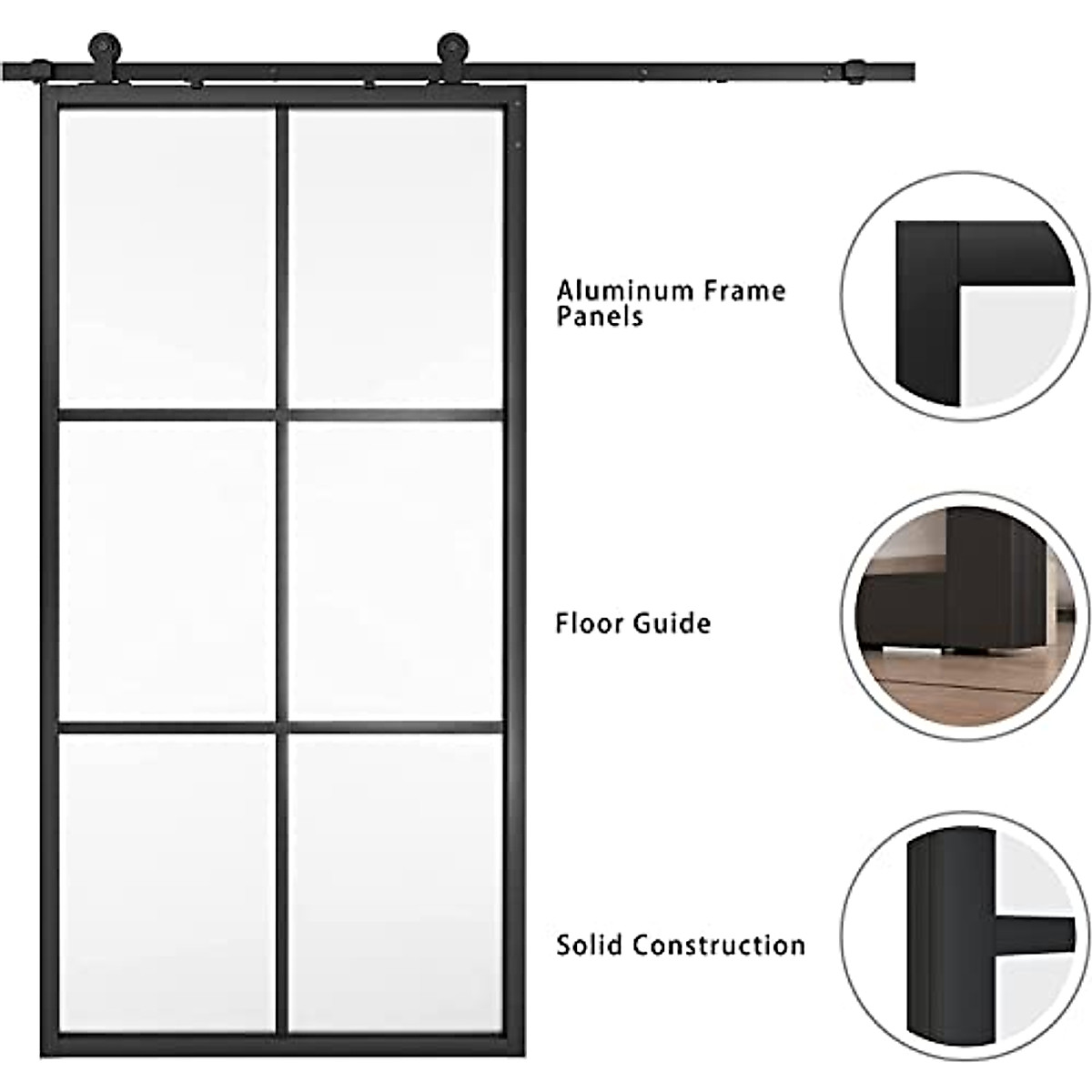 BARNSMITH 42in x 84in Frosted Glass Barn Door with 7FT Top Mounted Hardware kit Soft Close Mechanism DIY 6 Lites Tempered Glass Modern Aluminum Sliding Door Disassembled Easy Installation KDA03