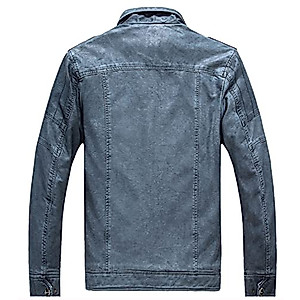 CHARTOU Men Retro PU Faux Leather Bomber Jacket Stand Collar Fleece Lined Motorcycle Jacket Zip Up (Medium,Blue)