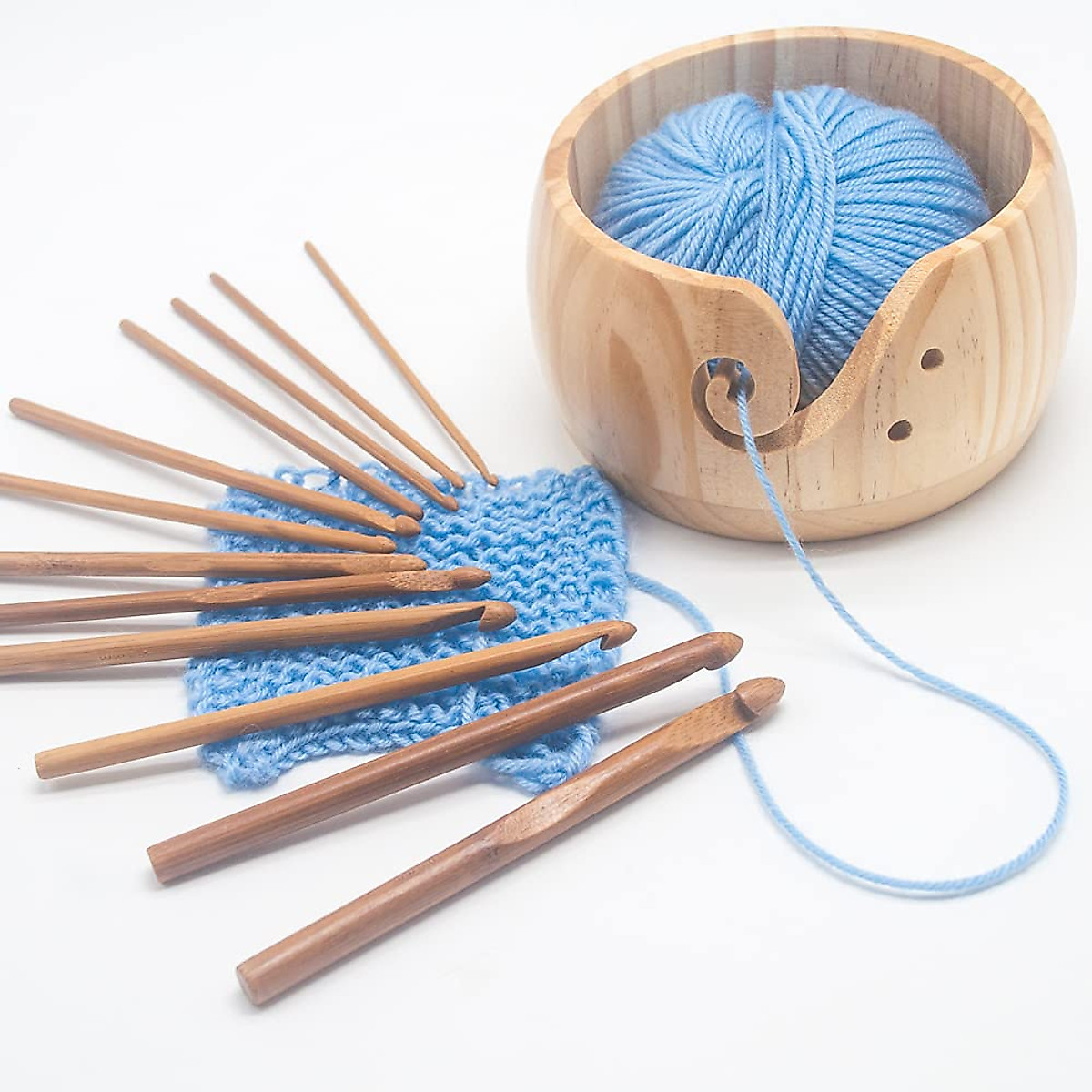 LAMXD Wooden Yarn Bowl with 12 pcs Bamboo Handle Crochet Hook,Wool Storage Handmade Crochet Kit Organizer,Skein Storage Bowl - Knitting & Crochet Yarn Storage Bowls & Accessories(Buff)