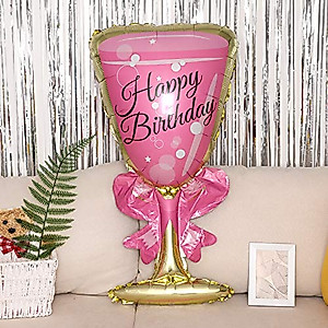 2 Pcs Happy Birthday Champagne Bottle and Goblet Wine Glass Large Mylar Foil Balloons 36in, Pink pop Decoration for Party, ceremony, camping, Anniversary Graduation（Z14）