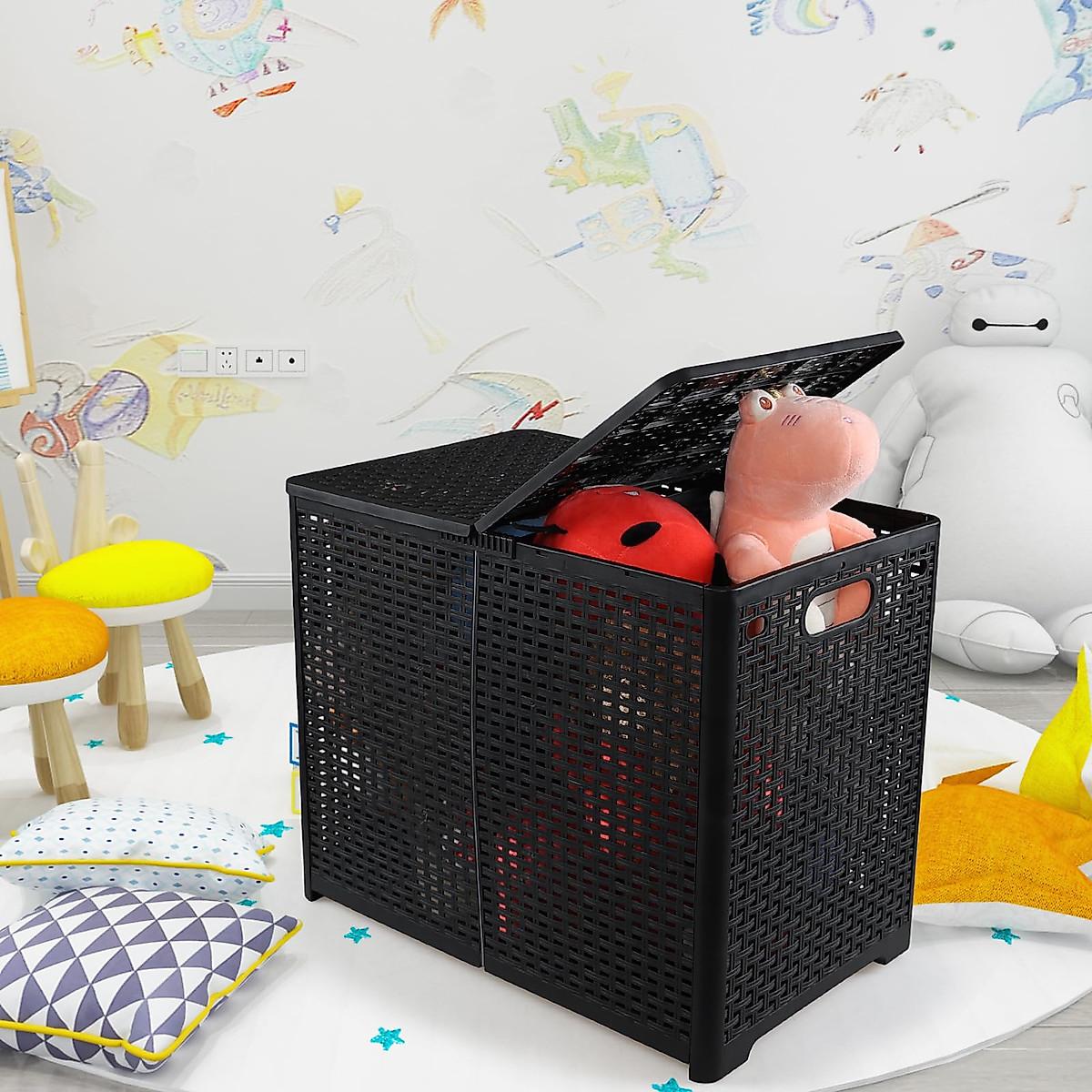 Oymlclivisa Plastic 2 Sections Laundry Hamper, Plastic Folding Laundry Basket with Lid, Black