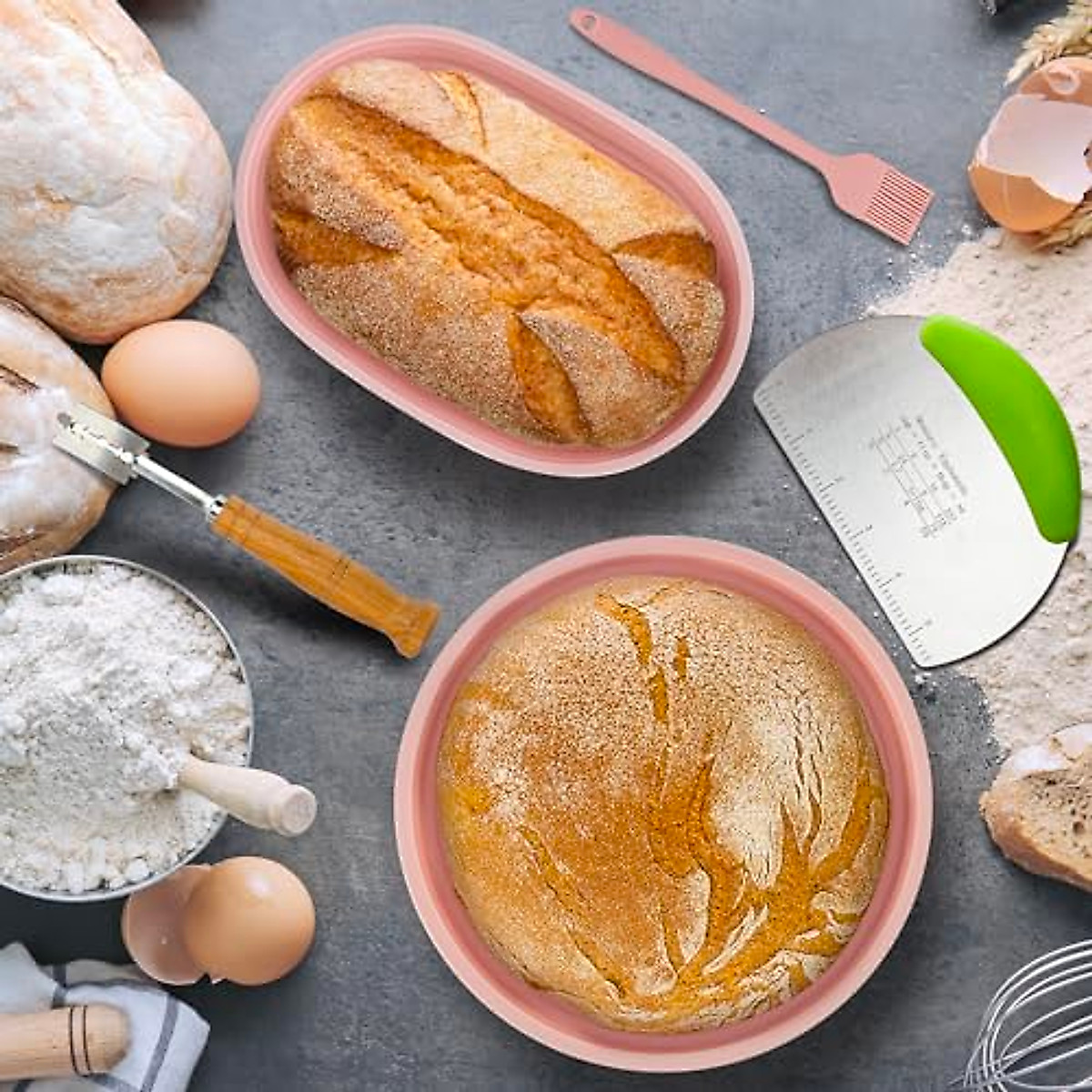 MaMix Banneton Bread Proofing Basket Set of 2, Silicone Sourdough Bread Baking Supplies, 9 inch Round & 10 Oval Sourdough Starter Kit Includes Essential Tools, Easy to Clean and Use (pink)