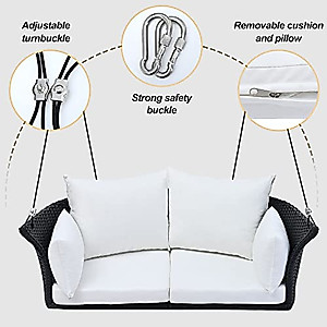 Patio 51.9” 2-Person Swing Chair,Outdoor Rattan Woven Hanging Seat with Adjustable Rope and Cushion,for Porch Lawn Garden Backyard Balconies (Black&b)