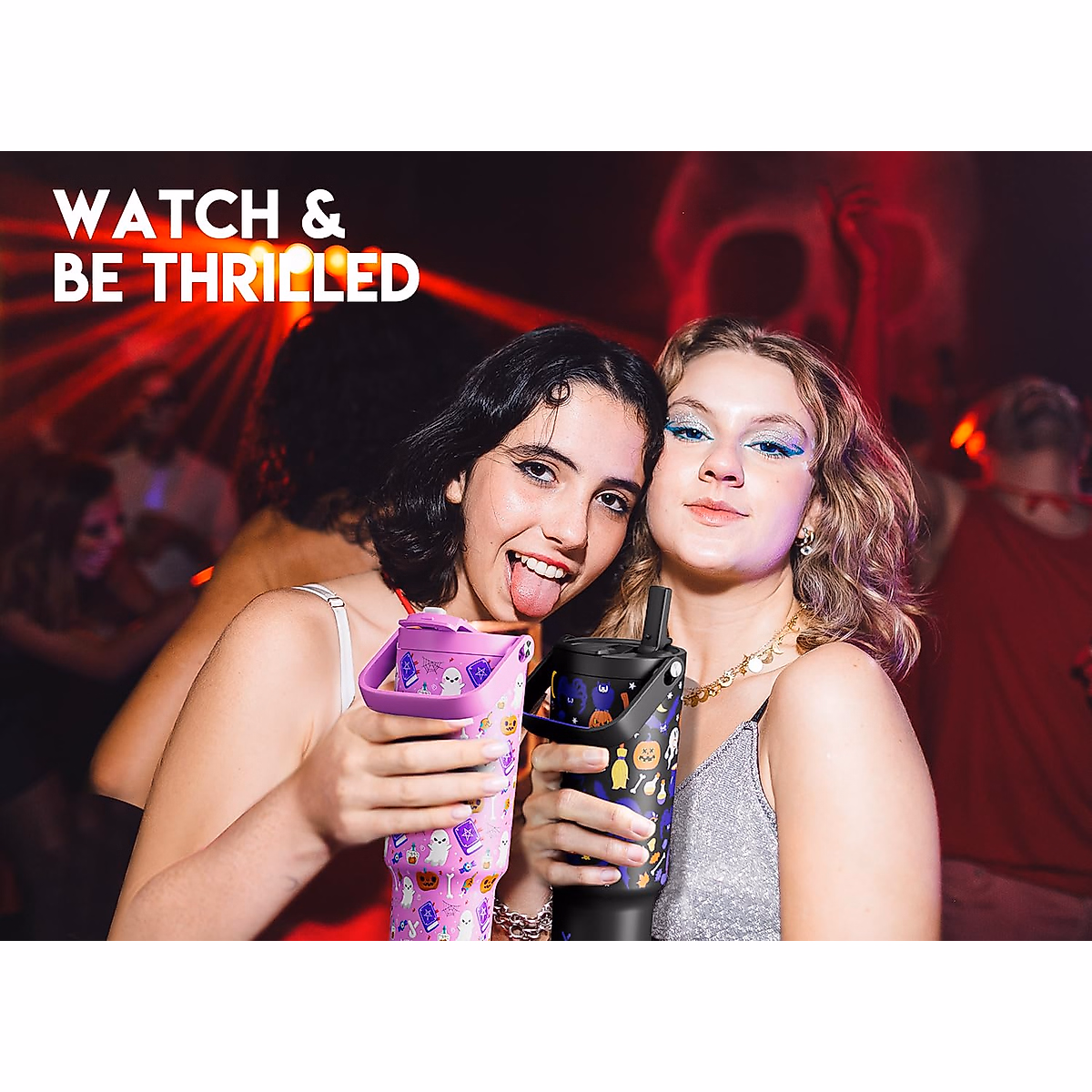 Meoky 40 oz Halloween Tumbler with Handle and Straw, Glow in the Dark Insulated Water Bottle, Stainless Steel Travel Mug, Keeps Cold for 34 Hours, Fits in Car Cup Holder (Haunted Pumpkin)