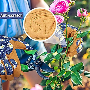 Granila Gardening Gloves for Women, Leather Breathable Garden Working Gloves for Weeding, Digging, Planting, Raking and Pruning (Blue and Brown)