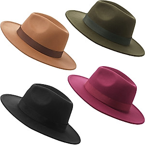 Mepase 4 Pcs Women's Classic Wide Brim Felt Hats - Adjustable Trendy Hats for Wedding, Prom, Party, Club, Camping in 4 Colors
