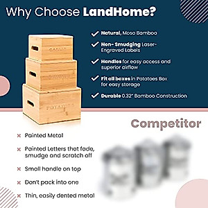 LandHome Onion and Potato Storage Bins (3 Pcs) - Stackable Bamboo Vegetable Containers, Engraved Garlic Pantry Canister, Farmhouse Kitchen Accessories