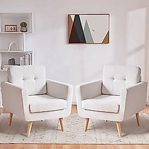 Tbfit Linen Fabric Accent Chairs Set of 2, Mid Century Modern Armchair for Living Room, Bedroom Button Tufted Upholstered Comfy Reading Accent Chair Sofa(White Beige)