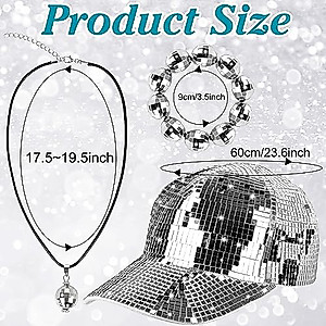 Disco Baseball Cap Silver Sequin Party Hats with Disco Ball Necklace and Sparkly Mirror Disco Bracelet Women Light Up Hat Bling Glitter Dance Cap for Girls Party Costume Accessories Cosplay Dress Up