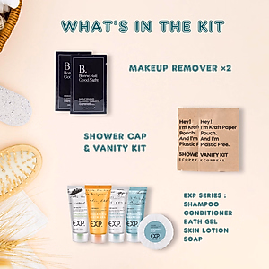 Guestsupply Kits 8-Piece with Travel Size TSA Compliant Essentials, Featuring: Shampoo Conditioner Shower Gel Body Lotion Soap bar Shower Cap Makeup Removers in Sealable Bag. 30 Disposable Toiletries.