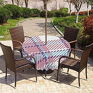 Checkered Pattern Round Outdoor Tablecloth,Round Tablecloth with Umbrella Hole and Zipper for Patio Garden,Waterproof Spill-Proof,for Backyard Party BBQ Decor(72" Round,Pale Blue Purple Lilac)